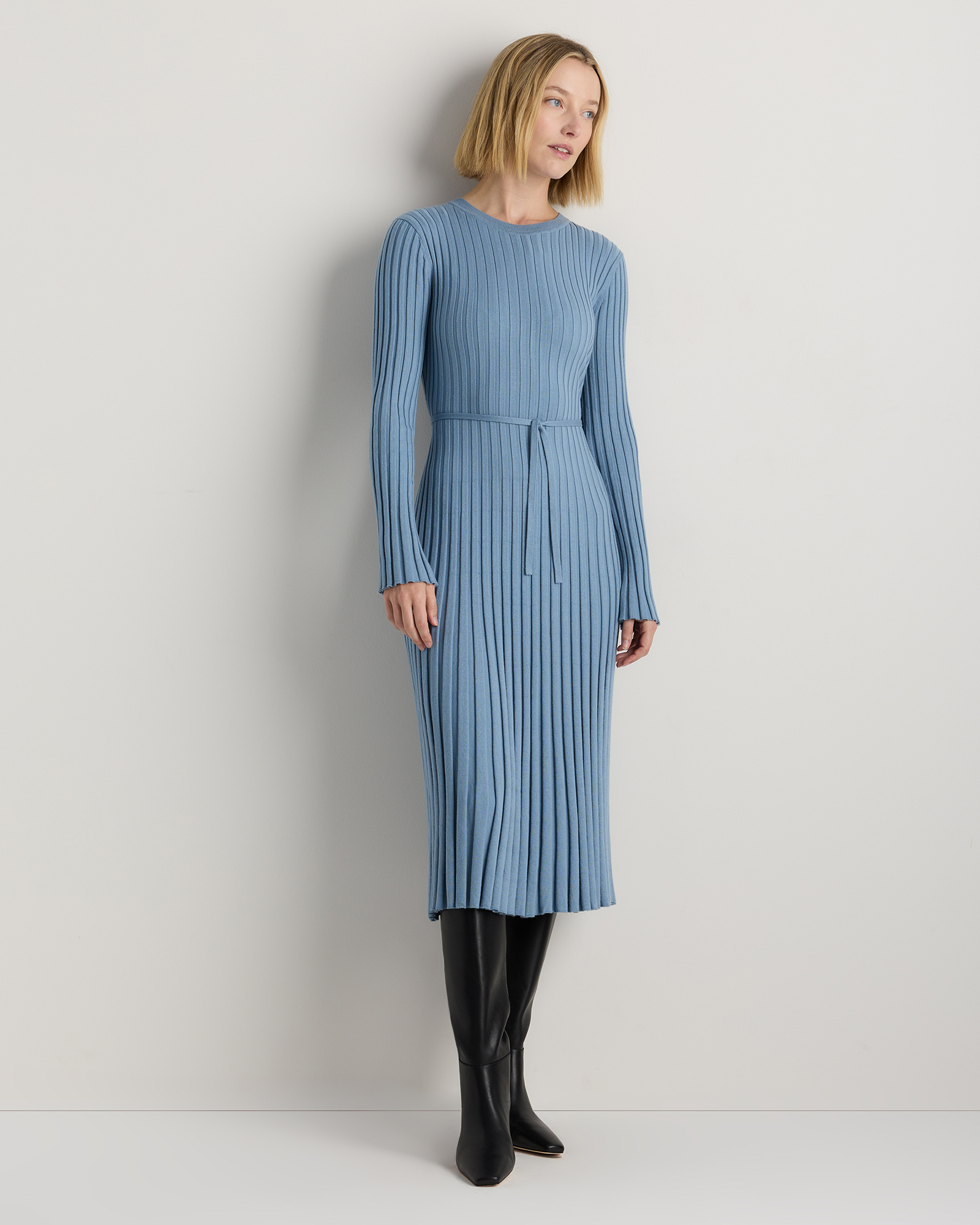 QUINCE Quince Cotton Cashmere Ribbed Long Sleeve Crew Midi Dress
